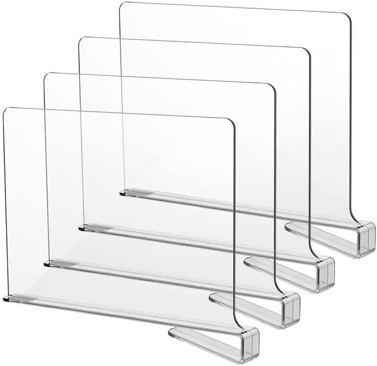 LikeU Acrylic Shelf Dividers for Closets,4 PCS Wood Shelf Dividers,Clear Shelf Separators,Perfect for Clothes Organizer and Bedroom Kitchen Cabinets Shelf Storage and Organization