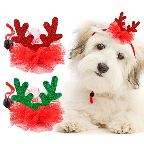 2pcs Pet Christmas Hat, Pet Christmas Hat with Antlers, Christmas Antlers Kitten and Puppy Grooming Accessories (Red-Green)