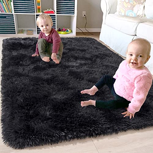 Ompaa Shaggy Black Rug for Bedroom Bedside, 3x5 Feet Indoor Modern Plush Area Rugs for Living Room, Kids Room Rug, Cozy Rug, Fluffy Throw Rug for Nursery Dorm Room Decor