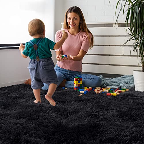 Ompaa Shaggy Black Rug for Bedroom Bedside, 3x5 Feet Indoor Modern Plush Area Rugs for Living Room, Kids Room Rug, Cozy Rug, Fluffy Throw Rug for Nursery Dorm Room Decor