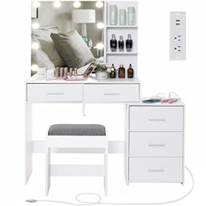 usikey large vanity set with 10 led lights and charging station, makeup vanity dressing table with 5 drawers, storage shelves and cushioned stool, vanity table with cabinet drawer chest, white