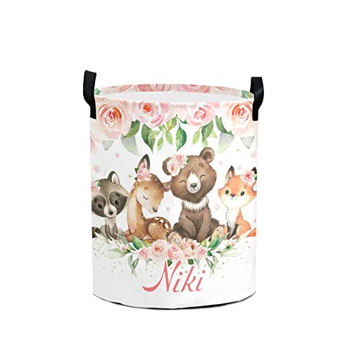 Woodland Animals Pink Blush Floral Laundry Basket Personalized with Name Laundry Hamper with Handle Organizer Storage Bin Bedroom Decor for Boys Girls Adults