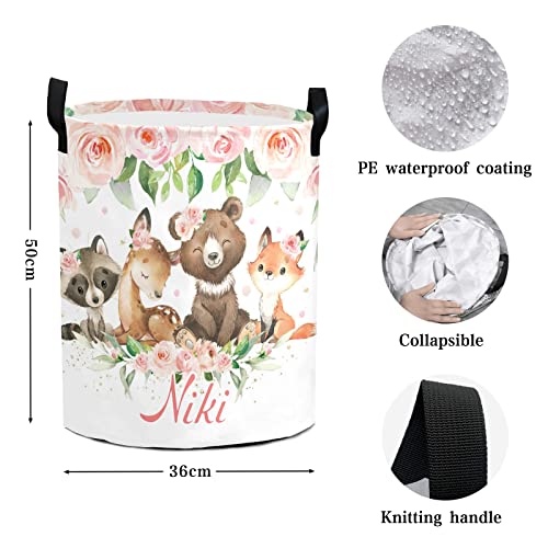 Woodland Animals Pink Blush Floral Laundry Basket Personalized with Name Laundry Hamper with Handle Organizer Storage Bin Bedroom Decor for Boys Girls Adults