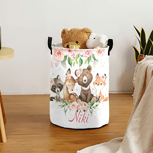 Woodland Animals Pink Blush Floral Laundry Basket Personalized with Name Laundry Hamper with Handle Organizer Storage Bin Bedroom Decor for Boys Girls Adults