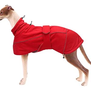 Greyhound Lurcher Winter Coat, Whippet Warm Coat with Fleece, Water Resistant Dog Jacket with Adjustable Bands and Zipper Harness Hole - Red - Small