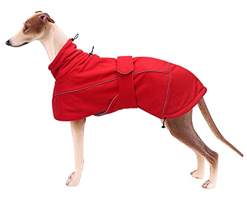 Greyhound Lurcher Winter Coat, Whippet Warm Coat with Fleece, Water Resistant Dog Jacket with Adjustable Bands and Zipper Harness Hole - Red - Small