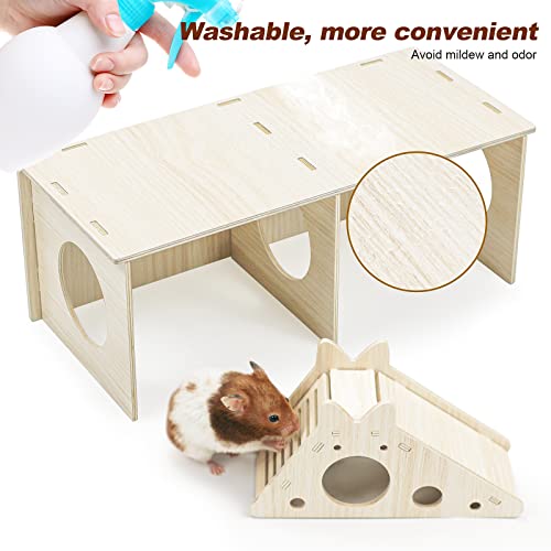 Hamster Hut, 2 Chamber Hamster Hideouts Wood Smooth Surface Chinchilla Habitat No Nails Guinea Pig Maze Exploring Gerbils Toys with Slide House for Dwarf Hamster Syrian (Large)