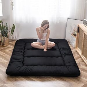 MAXYOYO Japanese Floor Mattress Futon Mattress, 4" Thicken Tatami Mat Sleeping Pad Foldable Roll Up Mattress Boys Girls Dormitory Mattress Pad Kids Floor Lounger Pillow Bed, Black, Full