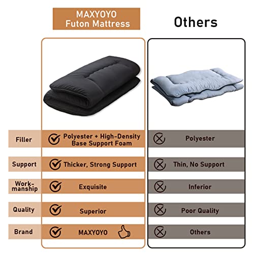 MAXYOYO Japanese Floor Mattress Futon Mattress, 4" Thicken Tatami Mat Sleeping Pad Foldable Roll Up Mattress Boys Girls Dormitory Mattress Pad Kids Floor Lounger Pillow Bed, Black, Full