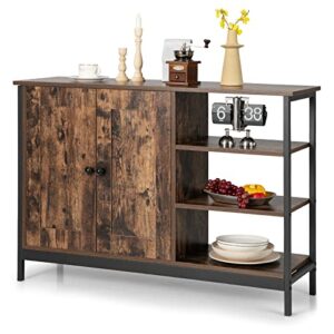 giantex industrial kitchen storage cabinet w/open shelves, 2-door cupboard, adjustable shelf, wooden buffet sideboard, farmhouse floor bar cabinet for living room, entryway (rustic brown)