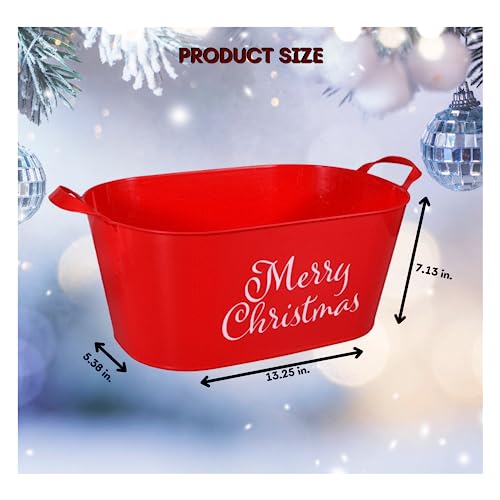 Ja'Cor Red Oval Bucket with Handle Sentiment Plastic Buckets Handles Gifts Gift Baskets Storage Organizer Containers Party Favor Xmas Holiday Decorations with 1-Collapsible Cup(Merry Christmas)