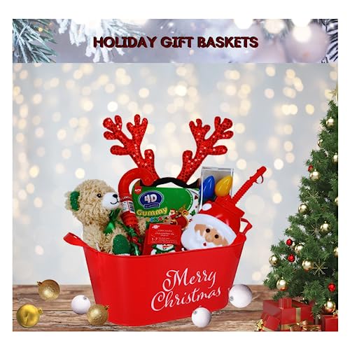 Ja'Cor Red Oval Bucket with Handle Sentiment Plastic Buckets Handles Gifts Gift Baskets Storage Organizer Containers Party Favor Xmas Holiday Decorations with 1-Collapsible Cup(Merry Christmas)