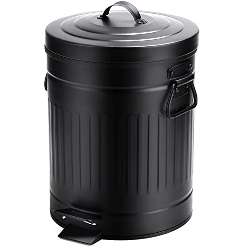 CEROELDA Small Trash Can with Lid-5L/1.3 Gal Stainless Steel Round Step Pedal Garbage Can -Trash Bin-Metal Wastebasket w/for Kitchen Bathroom Bedroom Office-Soft Close-Black