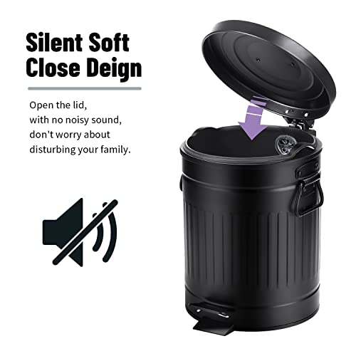 CEROELDA Small Trash Can with Lid-5L/1.3 Gal Stainless Steel Round Step Pedal Garbage Can -Trash Bin-Metal Wastebasket w/for Kitchen Bathroom Bedroom Office-Soft Close-Black