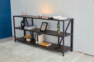 industrial bookshelf 3 shelf bookcase,rustic farmhouse book shelves,solid wood three tier open bookcase ,industrial wood and black metal bookshelves, industrial bookshelf for living room home office