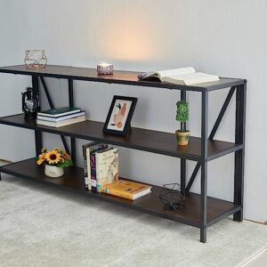 Industrial Bookshelf 3 Shelf Bookcase,Rustic Farmhouse Book Shelves,Solid Wood Three Tier Open Bookcase ,Industrial Wood and Black Metal Bookshelves, Industrial Bookshelf for Living Room Home Office