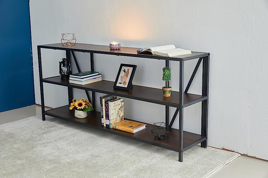 Industrial Bookshelf 3 Shelf Bookcase,Rustic Farmhouse Book Shelves,Solid Wood Three Tier Open Bookcase ,Industrial Wood and Black Metal Bookshelves, Industrial Bookshelf for Living Room Home Office