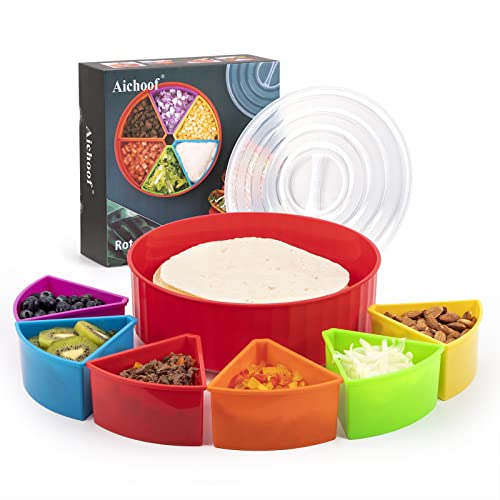 Aichoof Rotating Snack Tray, Colorful Taco Tuesday Heated Lazy Susan Topping Bar, Plastic Storage Food Containers with 6 Removable Bowls, Serving Tray Container with Lid, Perfect For Taco Night