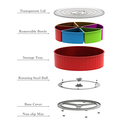 Aichoof Rotating Snack Tray, Colorful Taco Tuesday Heated Lazy Susan Topping Bar, Plastic Storage Food Containers with 6 Removable Bowls, Serving Tray Container with Lid, Perfect For Taco Night