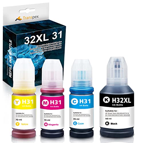 Transpex Compatible Ink Bottle Replacement for 32XL - 31 Refill Ink Use with Smart Tank 7301 7602 7001 6001 5101 551 651 Ink Tank Printers(1 Black 1 Cyan 1 Magenta 1 Yellow)