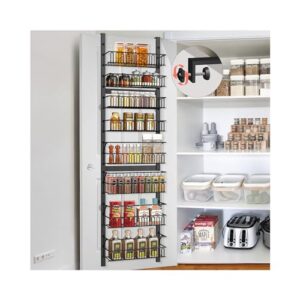 over the door pantry organizer, 8-tier adjustable pantry door organizer, kitchen pantry organization and storage hanging metal over closet door spice rack can organizer, black pantry storage shelves