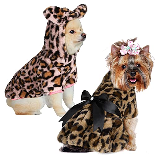 2 Pieces Leopard Print Faux Fur Dog Coat Fluffy Warm Sweater Medium Girl Dog Clothes Puppy Clothes for Small Dogs Girl Soft Faux Fur Pet Jacket for Chihuahua Winter Autumn Cold Weather Cat