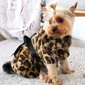 2 Pieces Leopard Print Faux Fur Dog Coat Fluffy Warm Sweater Medium Girl Dog Clothes Puppy Clothes for Small Dogs Girl Soft Faux Fur Pet Jacket for Chihuahua Winter Autumn Cold Weather Cat