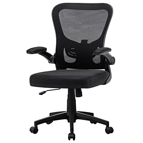 Furniliving Ergonomic Mesh Office Chair, Home Office Chair Mid Back Task Chair with Lumbar Support, Tilt Function, Office Chairs Swivel Computer Desk Chair with Flip-Up Arms, Black (MidBack)