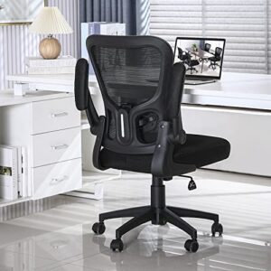 Furniliving Ergonomic Mesh Office Chair, Home Office Chair Mid Back Task Chair with Lumbar Support, Tilt Function, Office Chairs Swivel Computer Desk Chair with Flip-Up Arms, Black (MidBack)