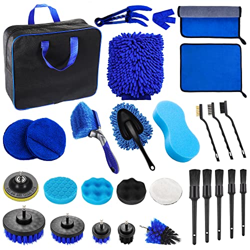 bemece 29 Pieces Car Detailing Kit Car Cleaning Tools Auto Detailing Drill Brush Car Wash Kit - Car Detail Brush Set for Cleaning Wheels Interior Exterior Leather Dashboard Vents