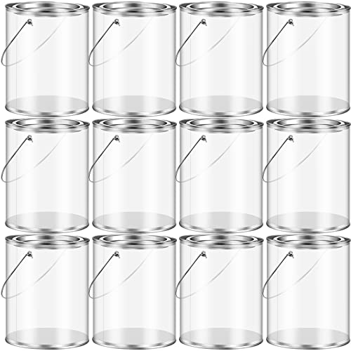 Clear Paint Cans Paint Bucket with Metal Lids and Handle Decorative Clear Plastic Bucket Storage Paint Can Plastic Paint Can Containers (12 Pack, 5 Inch Tall)