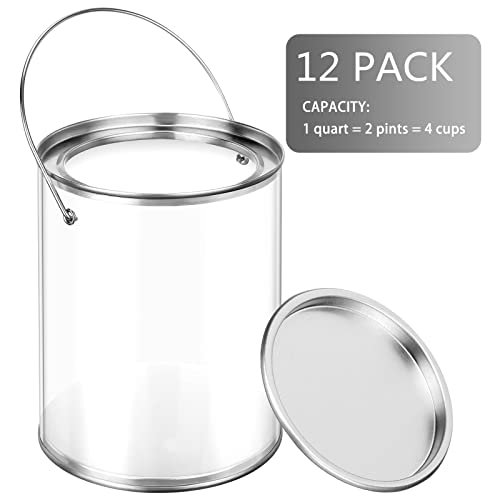 Clear Paint Cans Paint Bucket with Metal Lids and Handle Decorative Clear Plastic Bucket Storage Paint Can Plastic Paint Can Containers (12 Pack, 5 Inch Tall)