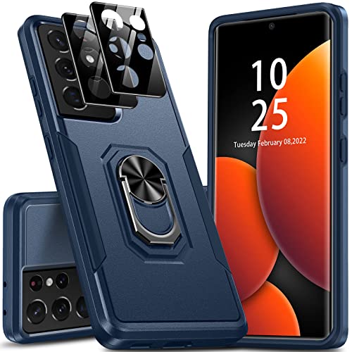 Oterkin for S21 Ultra Case 5G,Samsung Galaxy S21 Ultra Case with [2 x 9H Lens Protectors][Adjustable Ring Kickstand] Shockproof Anti-Scratch Heavy Duty Phone Case for Galaxy S21 Ultra (Blue)