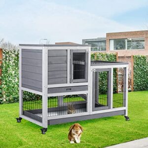 bestdoor 43.3'' rabbit hutch, wood indoor rabbit cage on brake wheel, outdoor large rolling bunny hutch w/run, small animal guinea pig hamster hedgehog house w/2 deeper no leak tray (grey white)