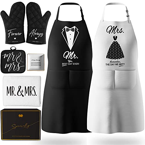 Wedding Gifts Engagement Gifts for Couples Mr and Mrs Aprons for Couples Gifts, Bridal Shower Gift Anniversary Christmas Gifts for Couple Mr and Mrs Gifts, 8 Pack Kitchen Cooking Apron Gift Set