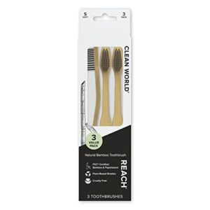 reach clean world natural bamboo toothbrush, soft plant-based bristles, fsc certified bamboo and paperboard, recyclable packaging, 3 count