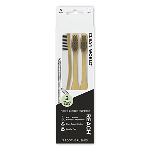 Reach Clean World Natural Bamboo Toothbrush, Soft Plant-Based Bristles, FSC Certified Bamboo and Paperboard, Recyclable Packaging, 3 Count