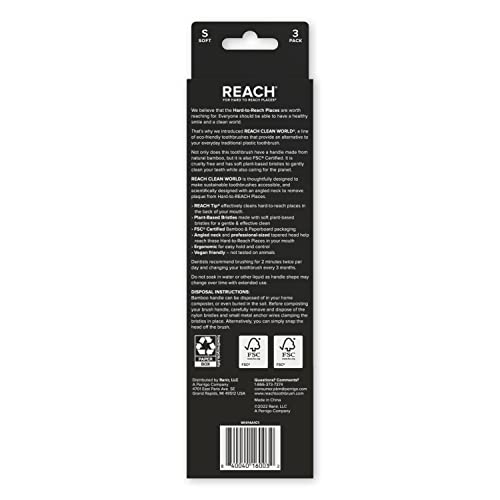 Reach Clean World Natural Bamboo Toothbrush, Soft Plant-Based Bristles, FSC Certified Bamboo and Paperboard, Recyclable Packaging, 3 Count