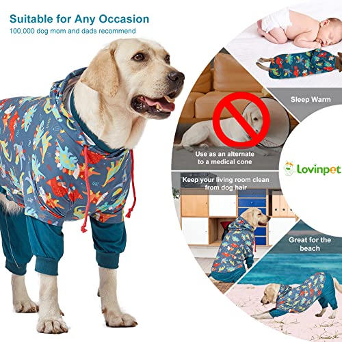 LovinPet Pitbull Breeds Dog Jammies: Wound Care, Anxiety Lightweight Onesie, Large Dog Pajamas, Pjs for Dogs, Reflective Stripe, Super Dinos Navy Print, Surgical Recovery Clothes/Medium