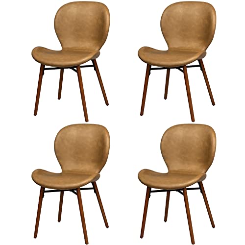 KithKasa Mid Century Modern Dining Chair Set of 4 Faux Leather Side Chair with Walnut Color Wood Legs for Kitchen Dining Room, Brown