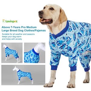 LovinPet Clothes for Great Dane Dogs: Pjs for Large Dogs, Lightweight Onesie, Sea Shark Action Print, Dog Clothing, UV Protection, Easy Wearing Adorable Dog Jumpsuit/Large