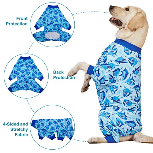 LovinPet Clothes for Great Dane Dogs: Pjs for Large Dogs, Lightweight Onesie, Sea Shark Action Print, Dog Clothing, UV Protection, Easy Wearing Adorable Dog Jumpsuit/Large