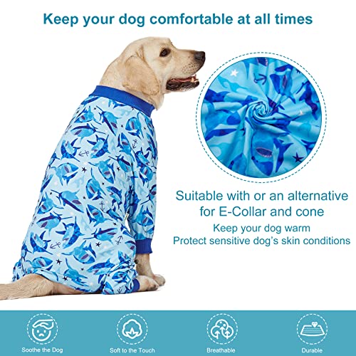 LovinPet Clothes for Great Dane Dogs: Pjs for Large Dogs, Lightweight Onesie, Sea Shark Action Print, Dog Clothing, UV Protection, Easy Wearing Adorable Dog Jumpsuit/Large