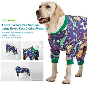 LovinPet Giant Dog Outfits, Anti Licking, Dog Wound Care/Surgery Recovery Clothes, Lightweight Stretch Jersey Knit, Animal Kingdom Blue Print, Large Breed Dog Clothes, Pet PJ's /3XL