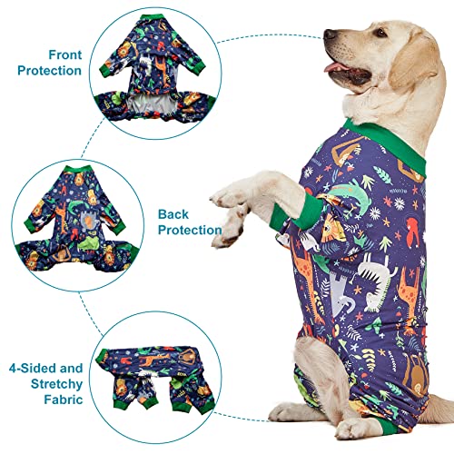 LovinPet Giant Dog Outfits, Anti Licking, Dog Wound Care/Surgery Recovery Clothes, Lightweight Stretch Jersey Knit, Animal Kingdom Blue Print, Large Breed Dog Clothes, Pet PJ's /3XL