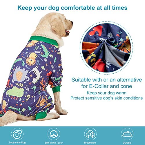 LovinPet Giant Dog Outfits, Anti Licking, Dog Wound Care/Surgery Recovery Clothes, Lightweight Stretch Jersey Knit, Animal Kingdom Blue Print, Large Breed Dog Clothes, Pet PJ's /3XL