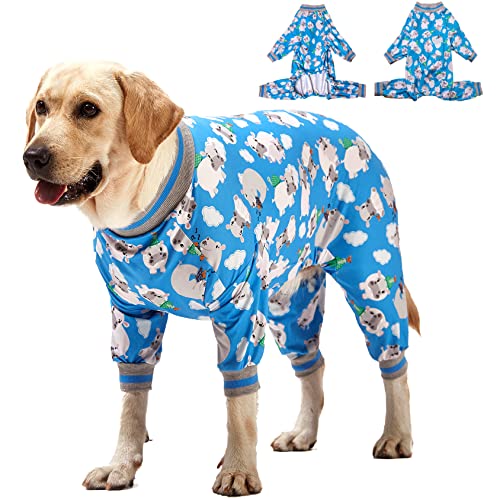 LovinPet Large Dog Clothes/Big Dog Onesie, Slim Fit, Lightweight Pullover/Full Coverage Dog Pjs/Happy Hippo Blue Print/Large Breed Dog Pjs/Medium