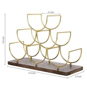 MyGift Brass-Tone Metal Wire Wine Rack with Natural Mango Wood Base, 6 Bottle Tabletop Wine Holder Stand - Handcrafted in India