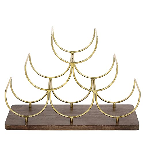 MyGift Brass-Tone Metal Wire Wine Rack with Natural Mango Wood Base, 6 Bottle Tabletop Wine Holder Stand - Handcrafted in India