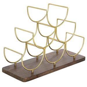 MyGift Brass-Tone Metal Wire Wine Rack with Natural Mango Wood Base, 6 Bottle Tabletop Wine Holder Stand - Handcrafted in India